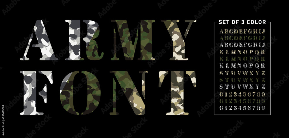 Set of army alphabets in 3 colors. Set of letter and numbers with ...