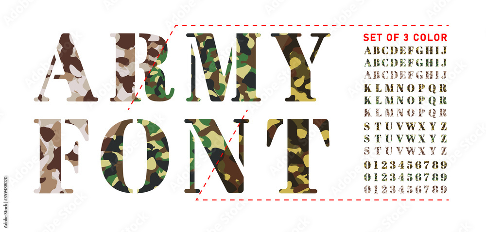 Set of army alphabets in 3 colors. Set of letter and numbers with ...