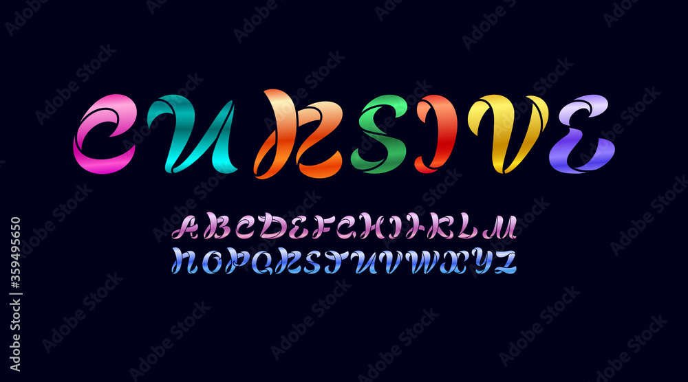Colorful curvy font, handwritten script alphabet, calligraphy cursive ...