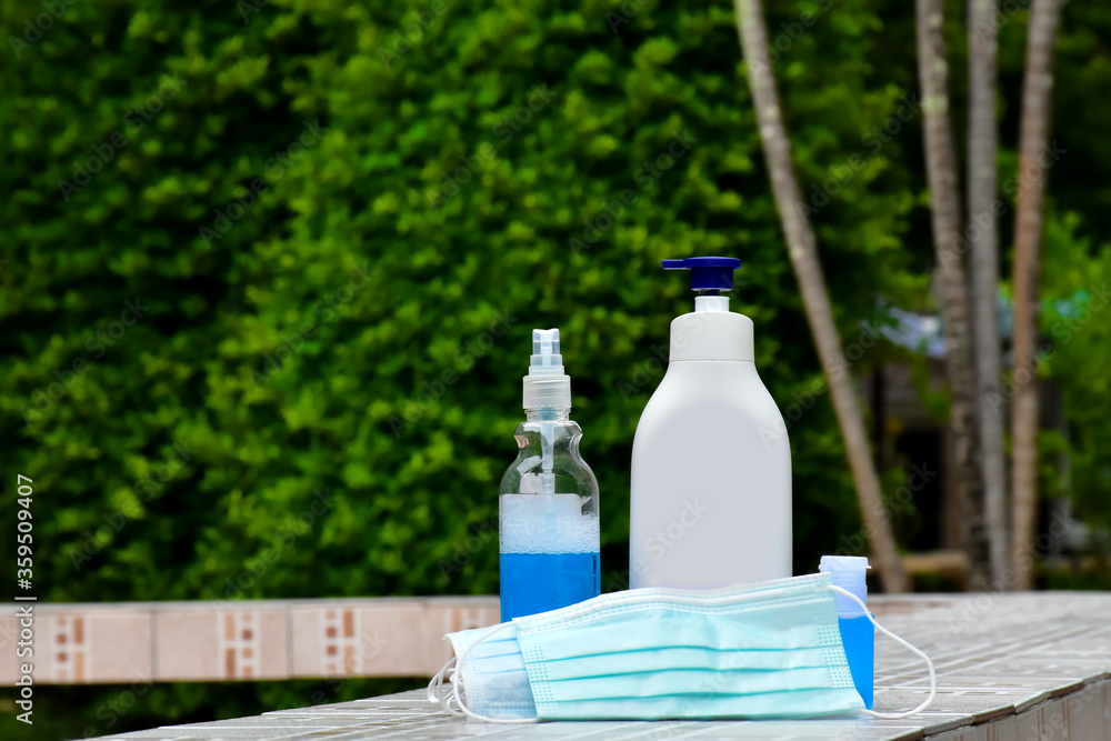 New normal, Hand soap, facemask and alcohol gel or hand sanitizer for ...