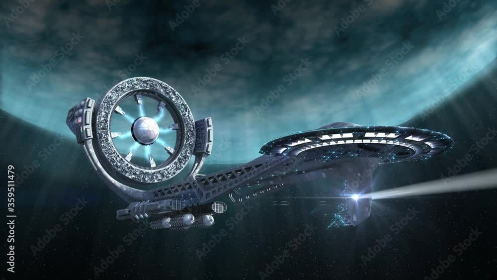 Epic alien spaceship deploying a lightsaber device, for science fiction ...