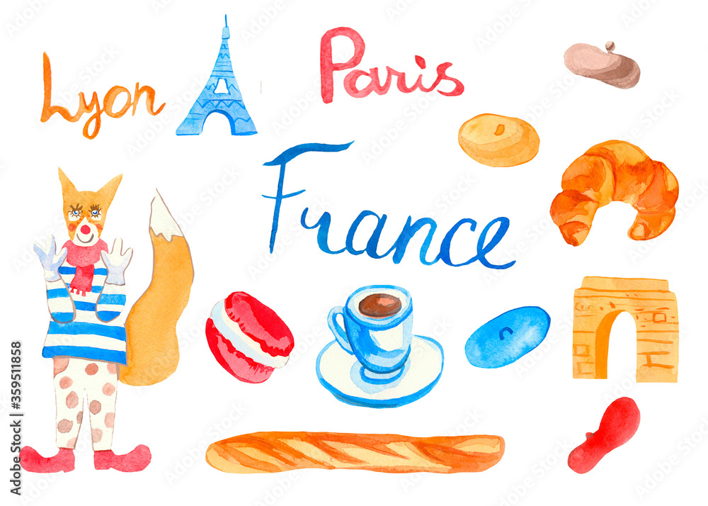 Big watercolor set of French elements with lettering.Cute clip art ...