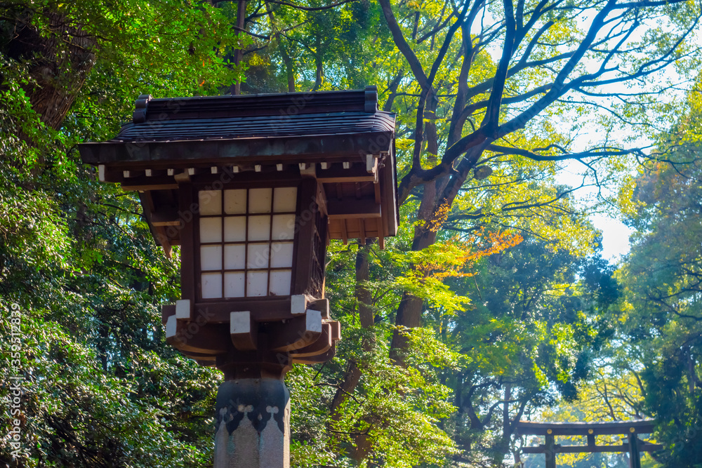 Japan. Stone lamp in front of the temple in Kyoto. Higashi-Honganji ...