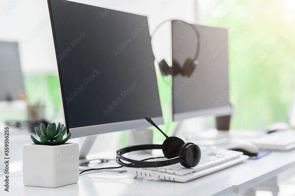 Call center and customer service. Computer monitor with blank space for ...