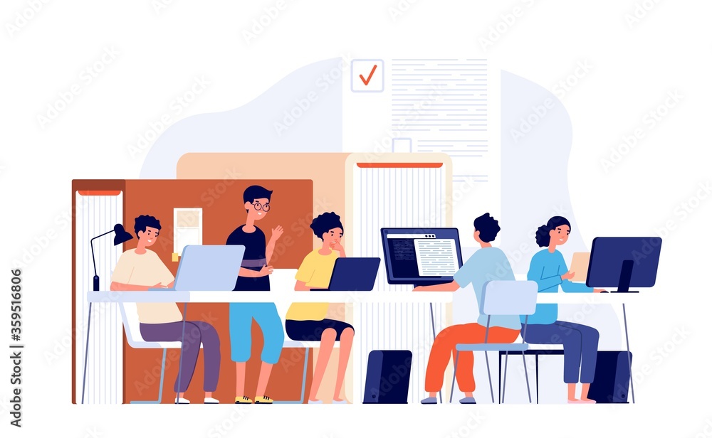 Vektorová grafika „Students study at desk. Young teens studying with ...