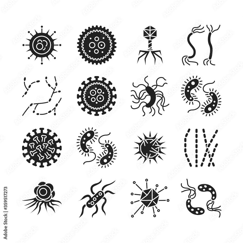 Viruses black glyph icons set. Respiratory infections. Bacteria ...