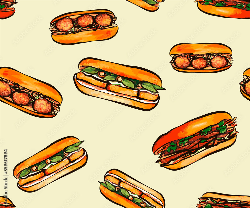 Takeaway banh mi seamless pattern background. Vietnamese style of ...