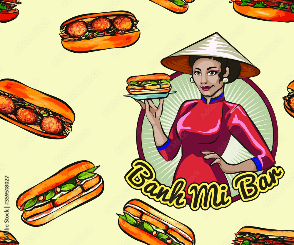 Takeaway banh mi seamless pattern background. Vietnamese style of ...