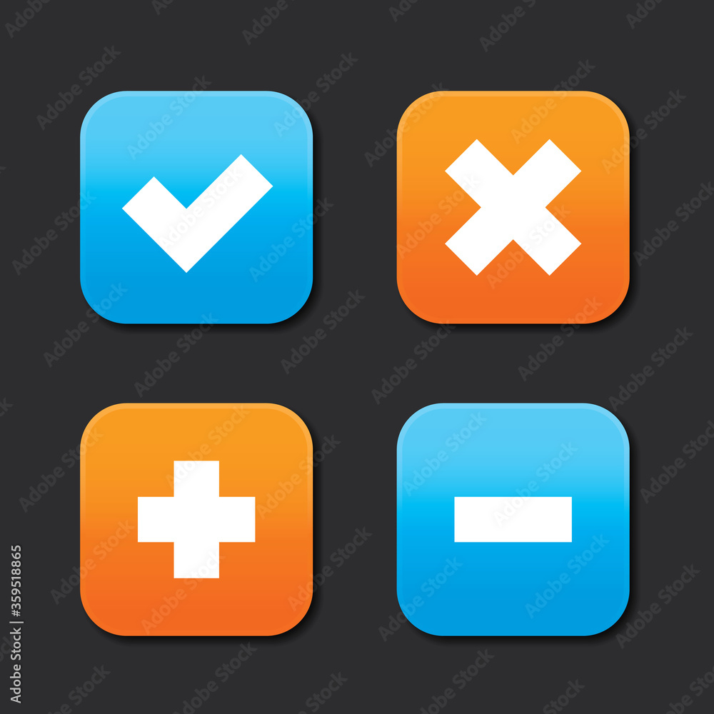 Shiny square shape checkmark cross plus minus icons with shadow, blue ...