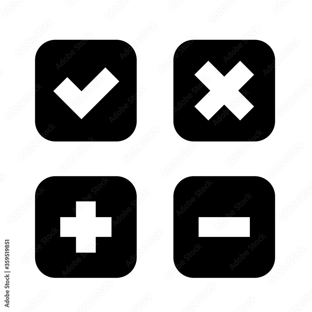Black square shape checkmark cross plus minus icons with shadow, simple ...