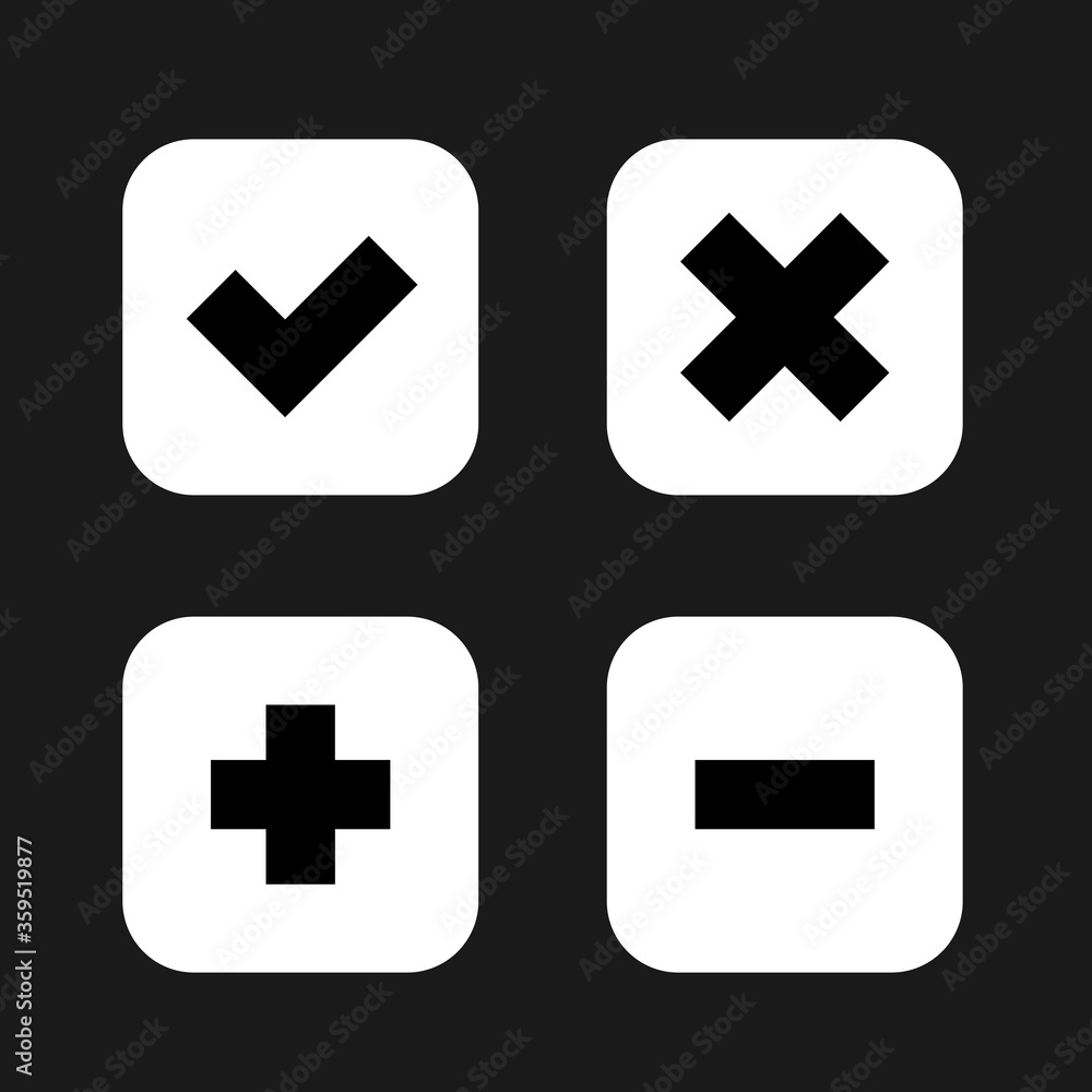 White square shape checkmark cross plus minus icons with shadow, simple ...