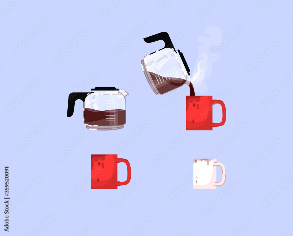 Caffeine addiction attributes semi flat RGB color vector illustrations ...