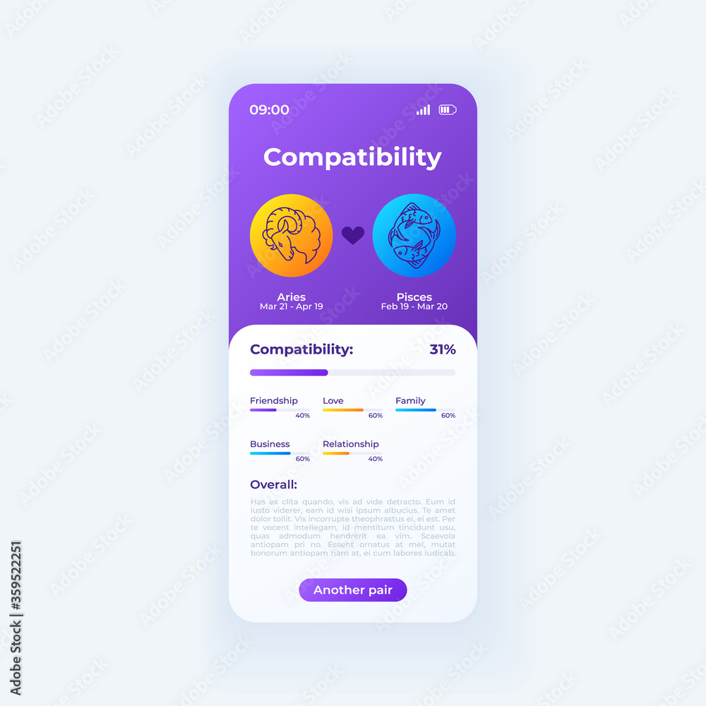 Horoscope compatibility app smartphone interface vector template ...