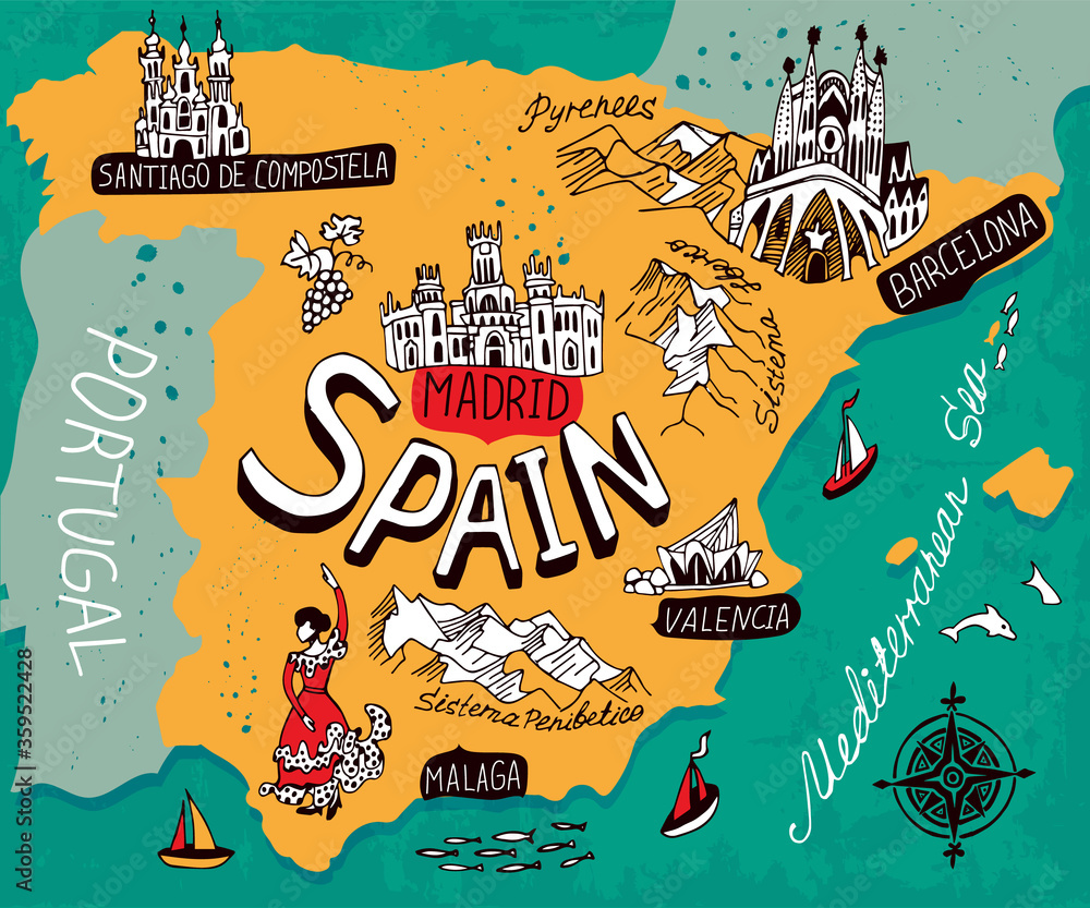 Illustrated map of Spain. Landmarks and national symbols of the country ...