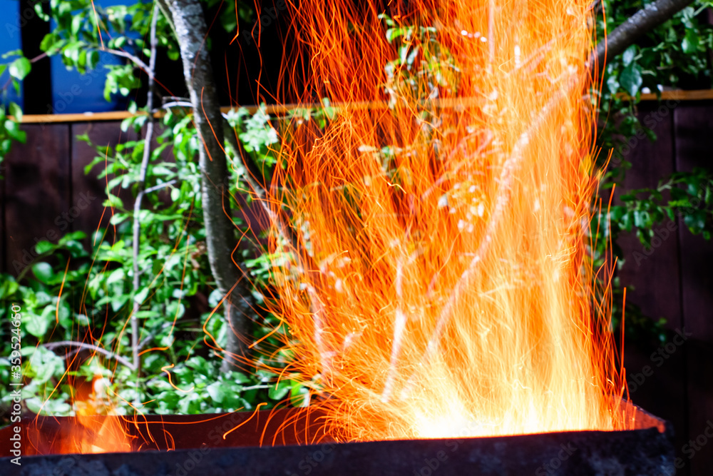 the flame of a fire from a campfire in nature. sparks in the night ...