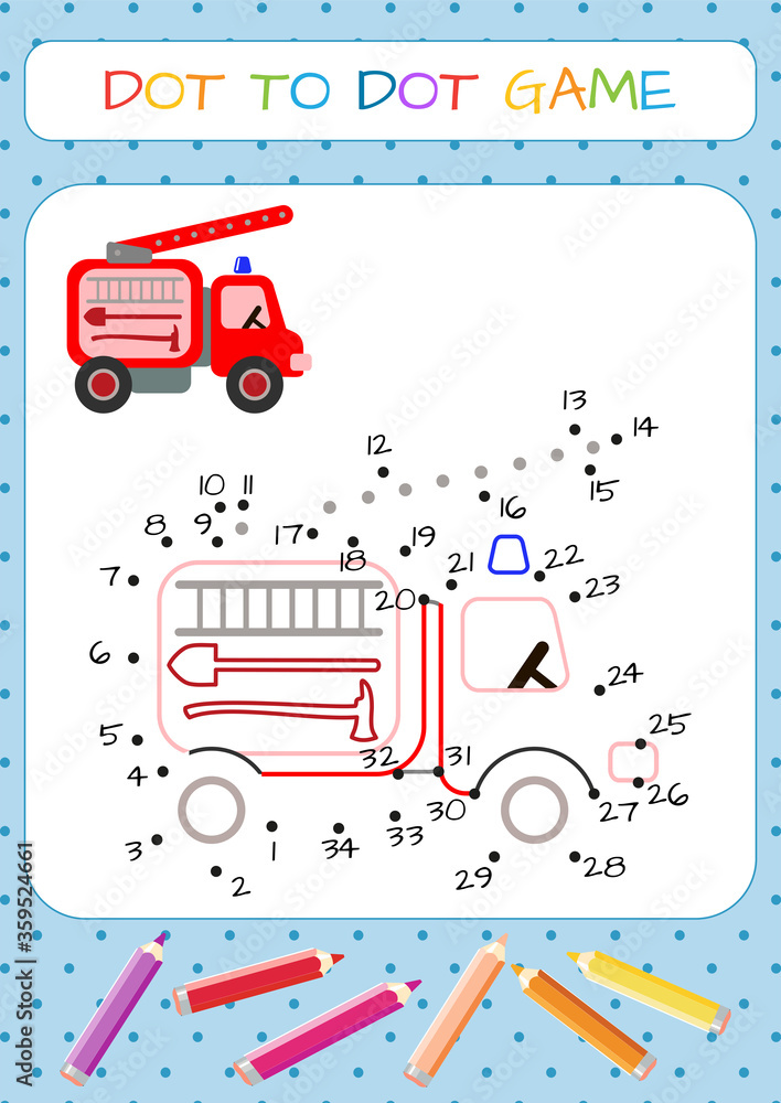 Drawing for coloring: fire truck with a climbing ladder. Numbers game ...