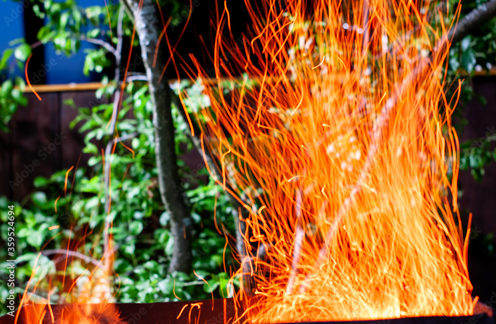the flame of a fire from a campfire in nature. sparks in the night ...