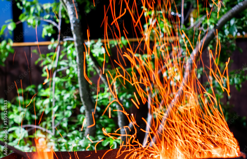 the flame of a fire from a campfire in nature. sparks in the night ...