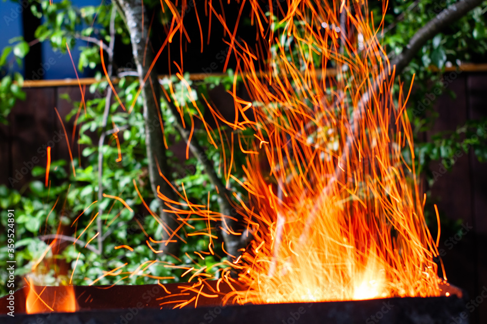 the flame of a fire from a campfire in nature. sparks in the night ...