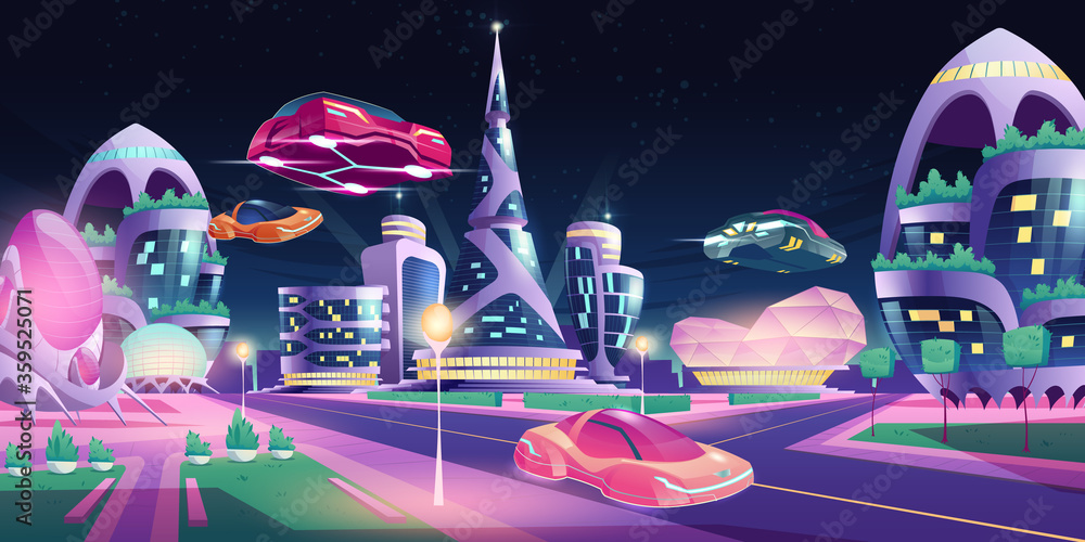 Future night city with flying cars and futuristic neon glowing glass ...