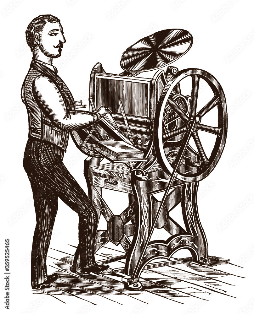 Man from the 19th century working in front of antique printing press ...