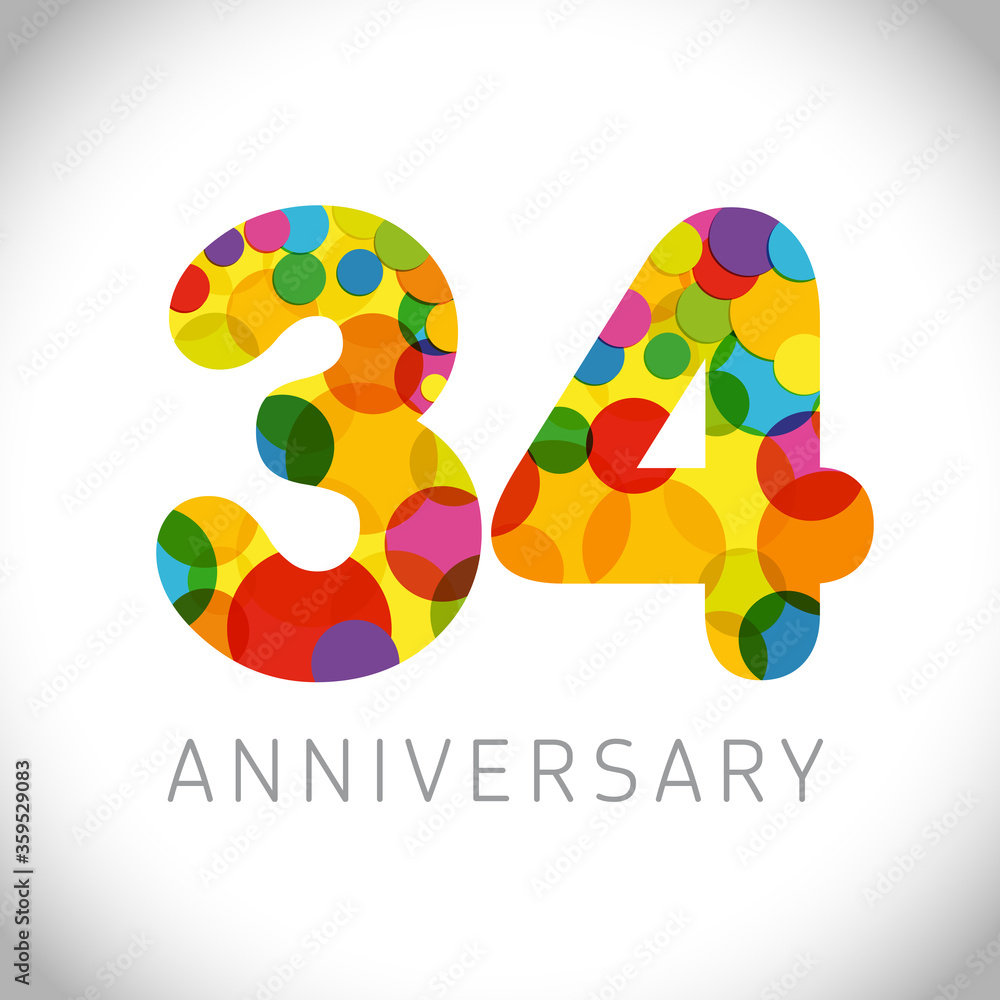 34 th anniversary numbers. 34 years old multicolored congrats. Cute ...