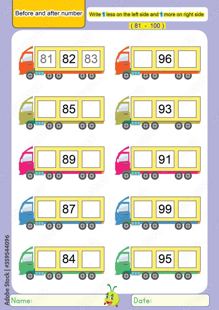 Before and after number. Math lesson worksheets Stock Illustration ...
