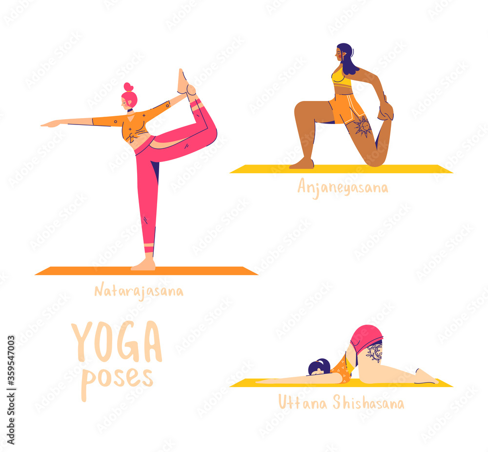 Set of yoga poses. Female characters practice yoga. Yoga concept. yoga ...