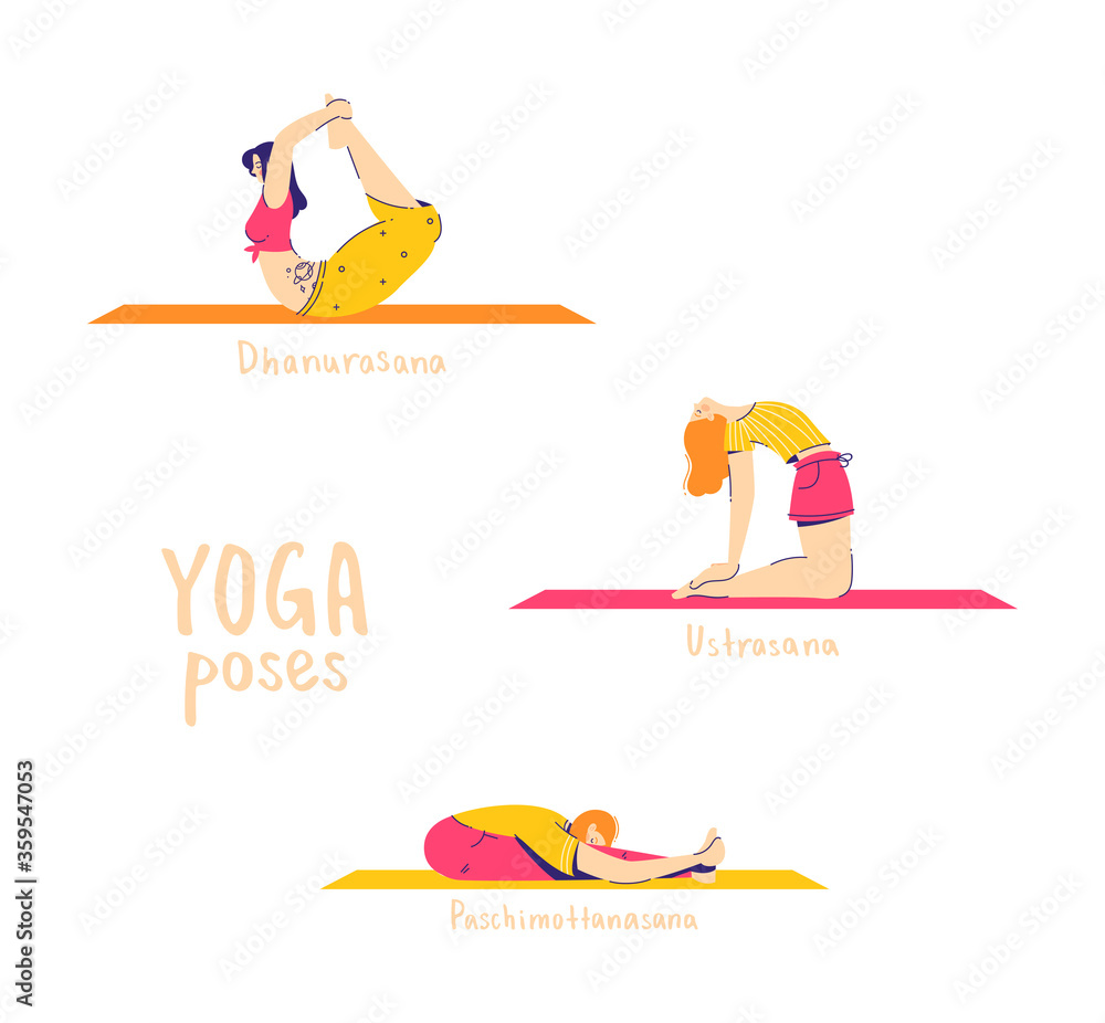 Set of yoga poses. Female characters practice yoga. Yoga concept. yoga ...
