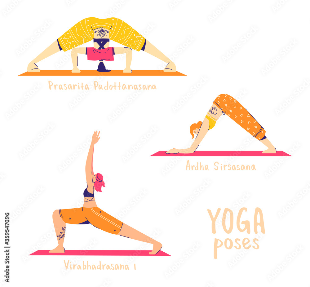 Set of yoga poses. Female characters practice yoga. Yoga concept. yoga ...