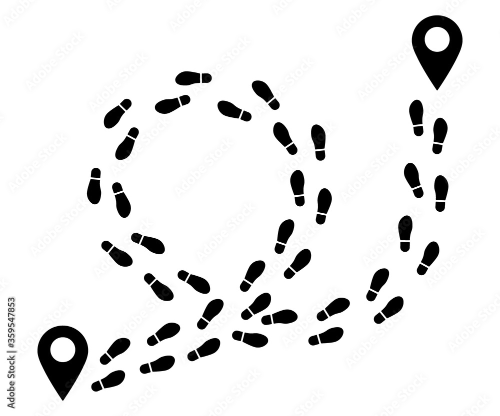 Route with pin map and human walking footprints shoes. Black silhouette ...