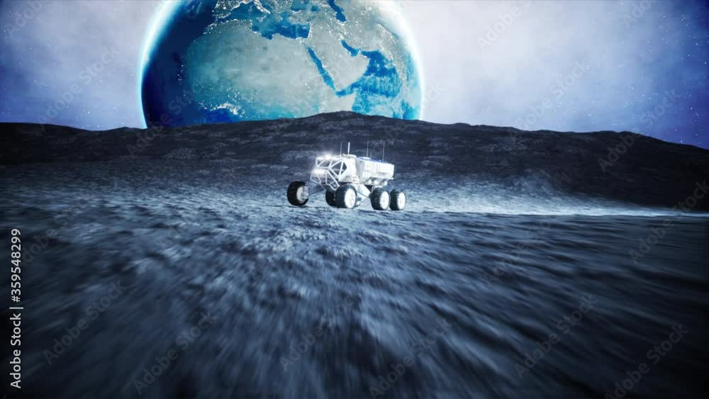 Moon rover on the moon. space expedition. Earth background. Super ...