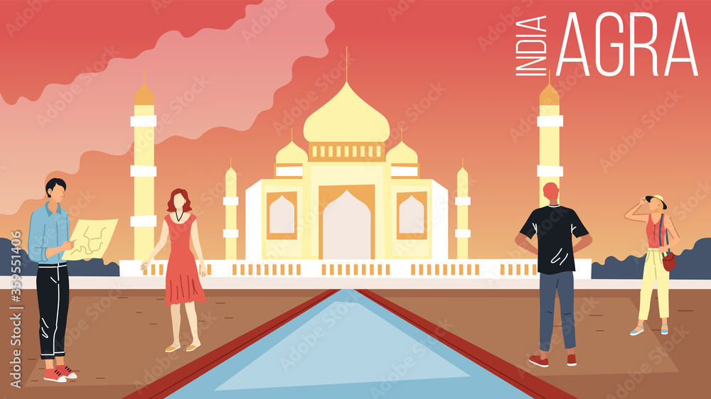Concept Of Agra Sightseeing And Tourism. People Visit India. Male And ...