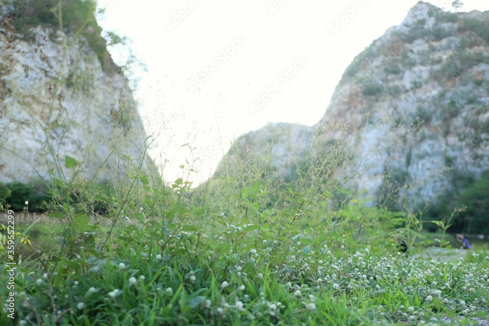 Grass field with blurred a beautiful scene of Khao Ngoo rock park ...