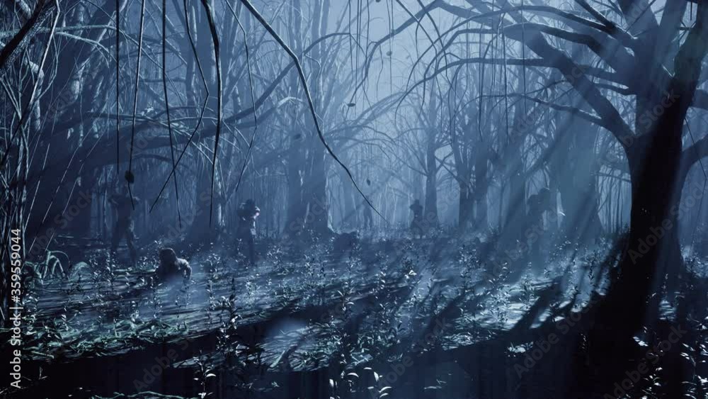Zombies walk and crawl forward through the misty dark and scary forest ...