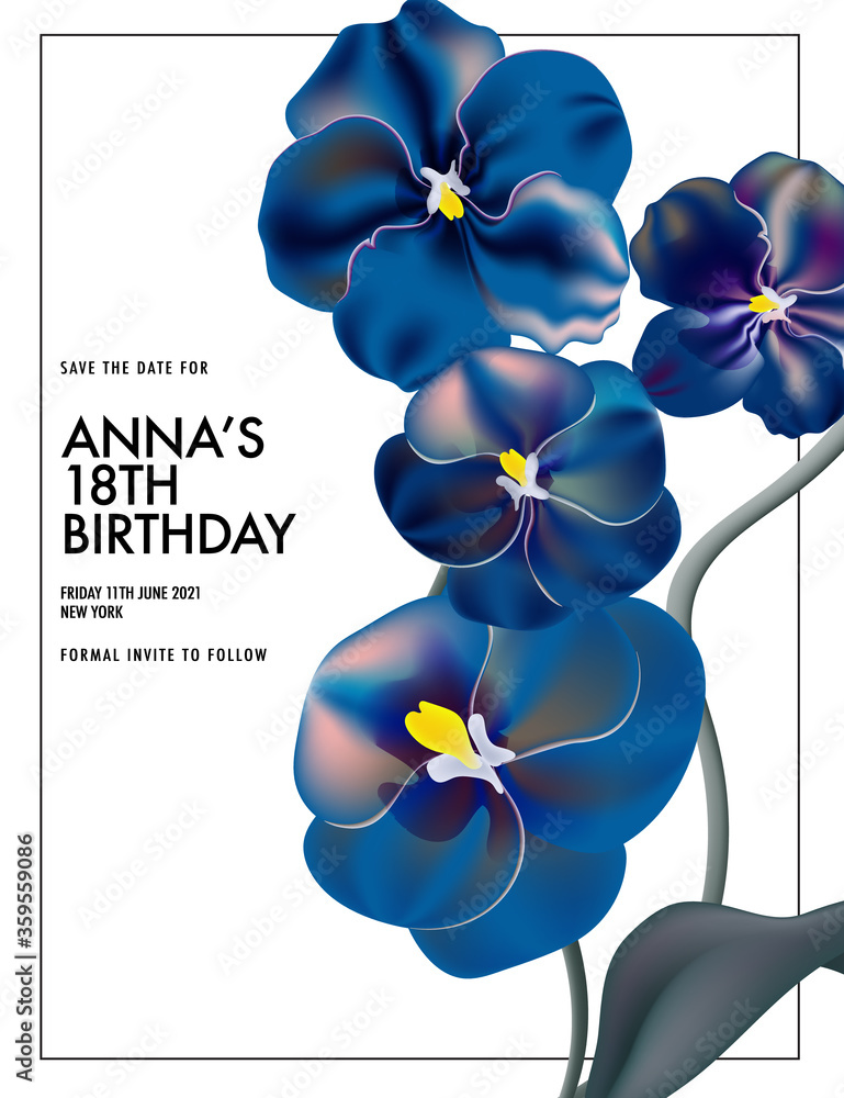 Watercolor pansy flower wedding card template. Navy garden pansy with ...