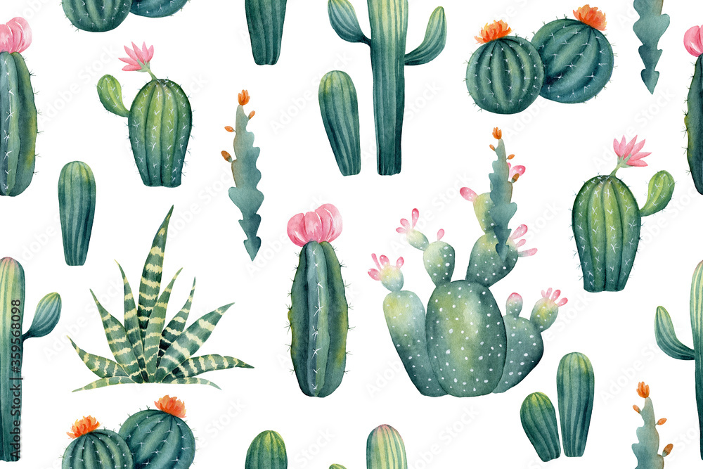 Watercolor hand painted seamless pattern of green cactus with pink ...