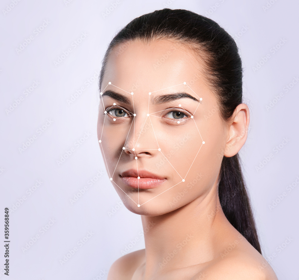 Facial recognition system. Woman with digital biometric grid on white ...