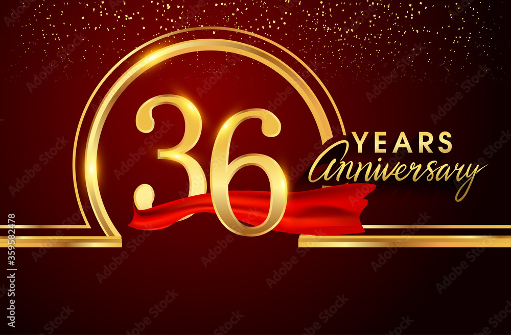 36th anniversary logo with confetti and golden ring, red ribbon ...