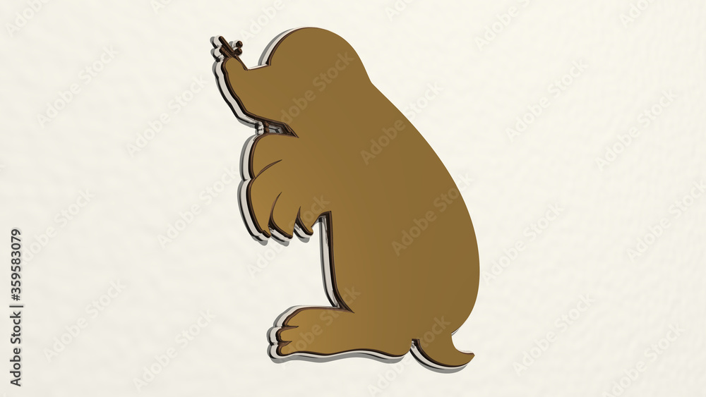 SMALL MOLE ANIMAL on the wall. 3D illustration of metallic sculpture ...