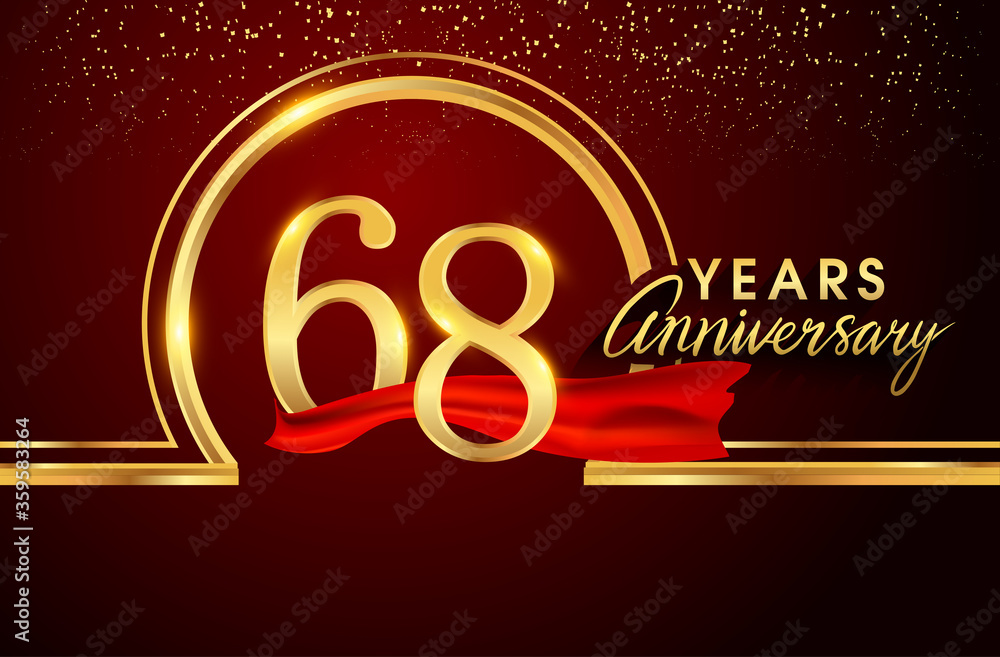 68th anniversary logo with confetti and golden ring, red ribbon ...