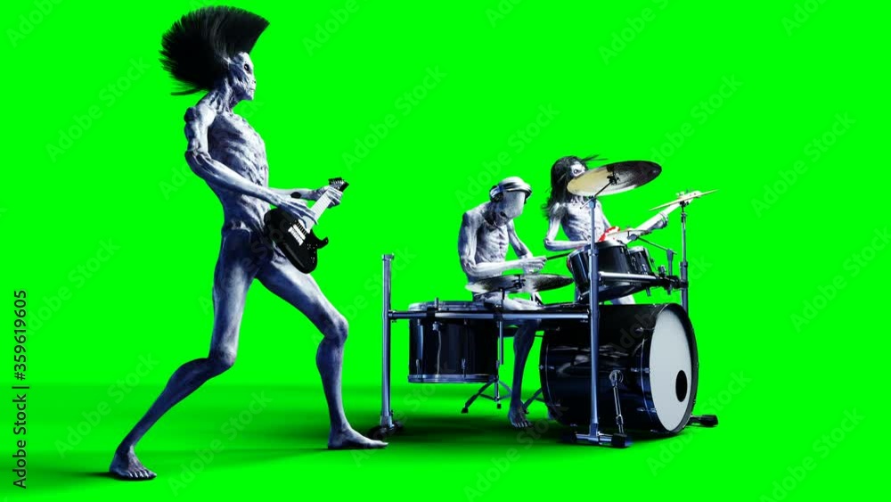 Funny alien rock band. Bass, drum, guitar. Realistic motion and skin ...