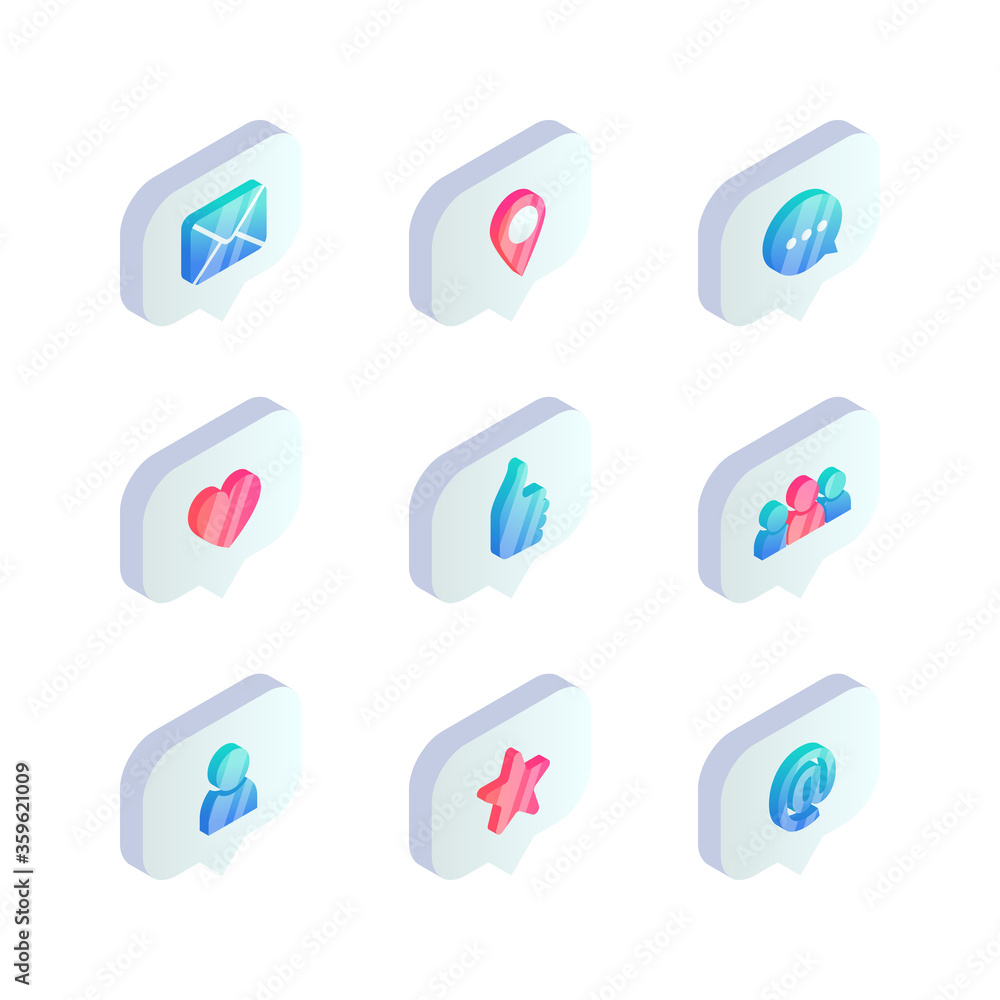 Isometric Social Media speech bubble icon. 3d notifications like ...