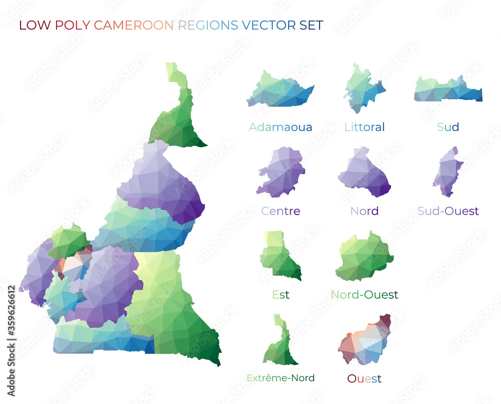 Cameroonian low poly regions. Polygonal map of Cameroon with regions ...
