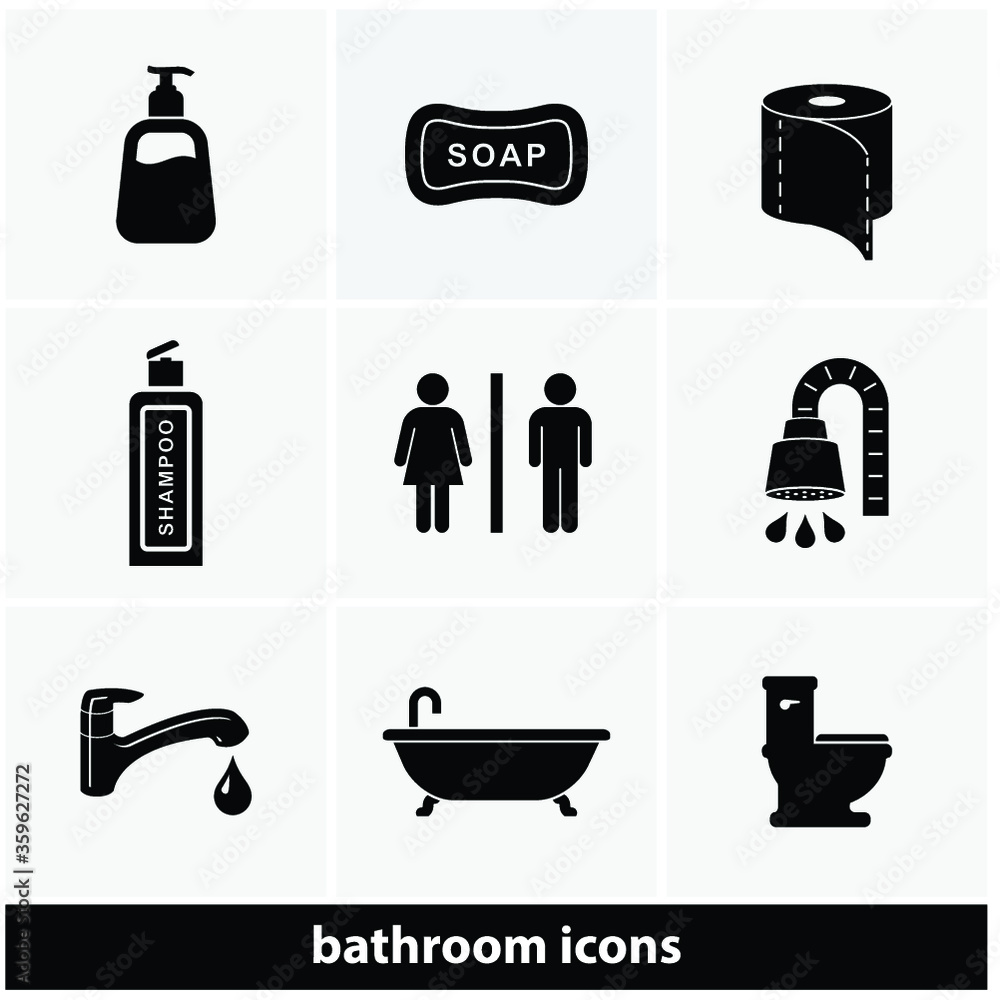 Bathroom and restroom icon set featuring vector icons including hand ...