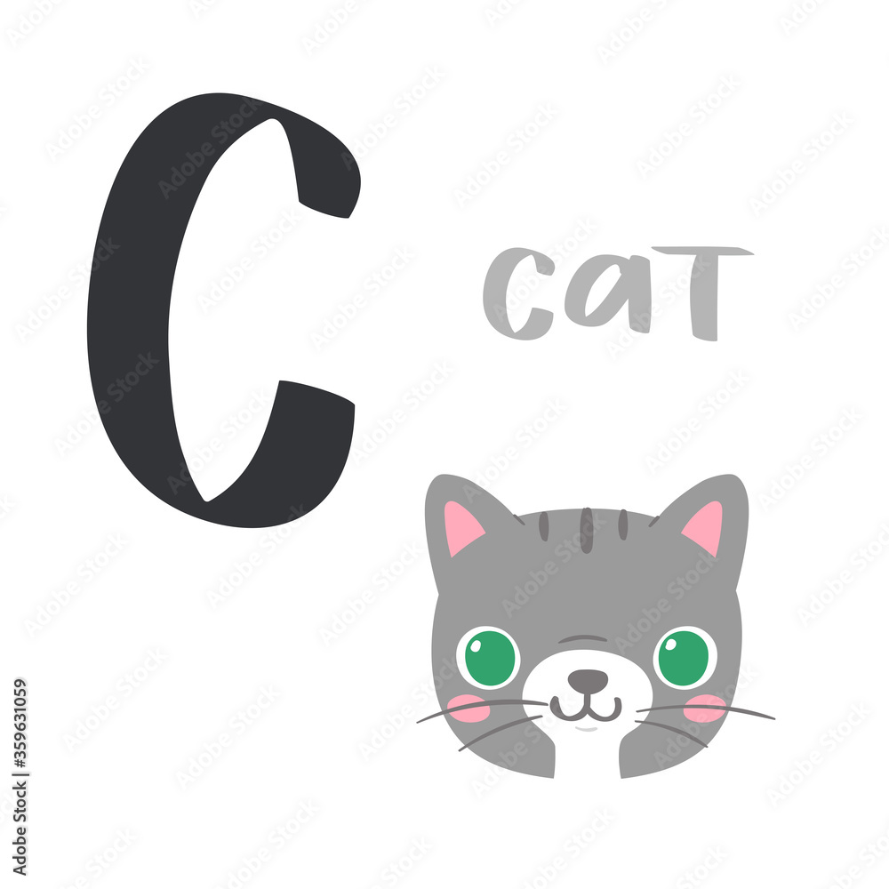 Cute children alphabet. Zoo ABC with animal face. Cartoon cat head with ...