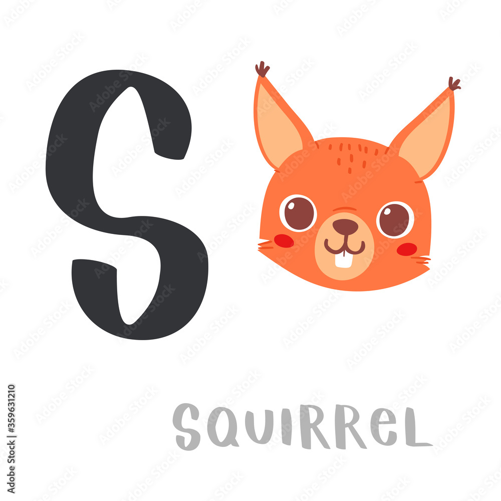 Cute children alphabet. Zoo ABC with animal face. Cartoon squirrel head ...