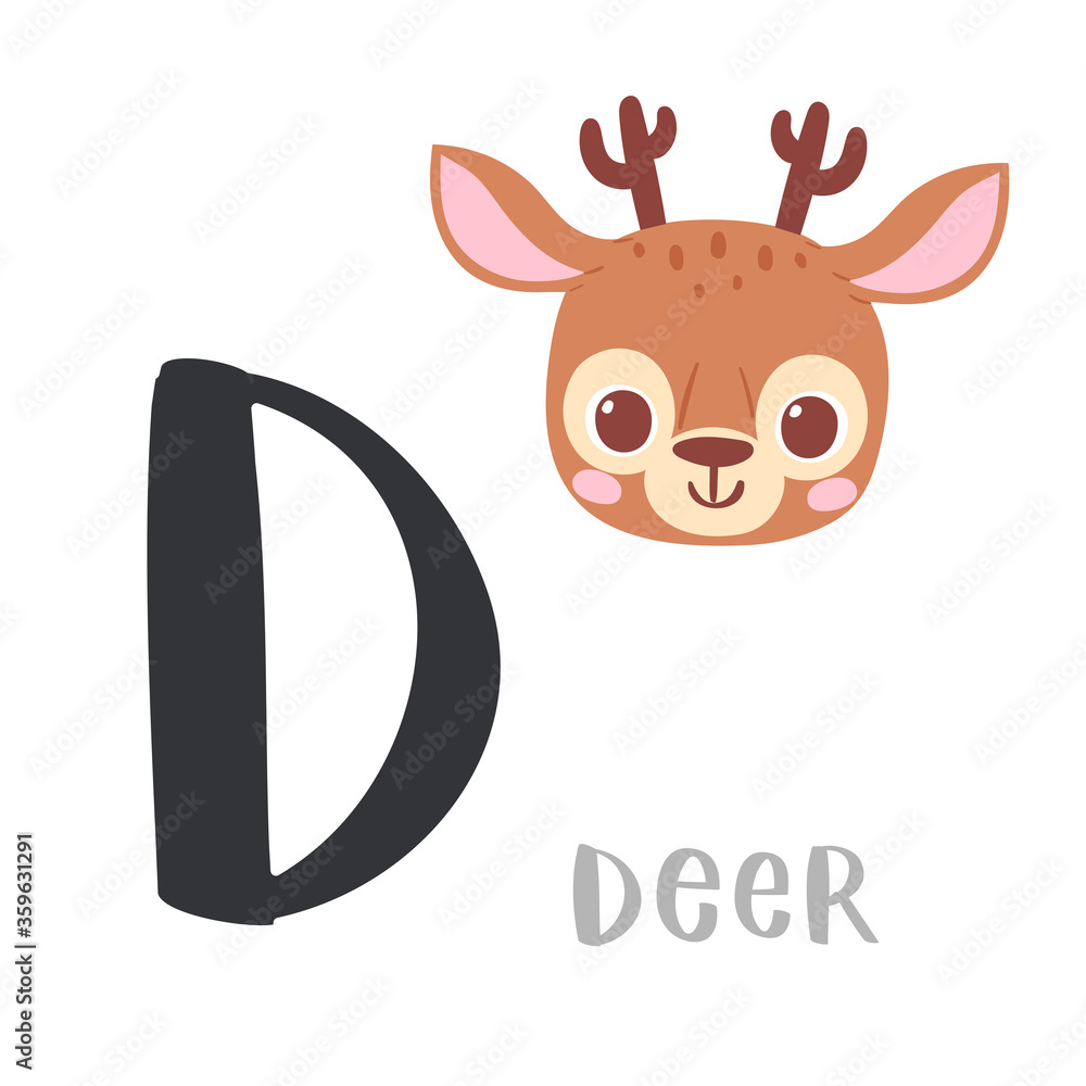 Cute children alphabet. Zoo ABC with animal face. Cartoon deer head ...