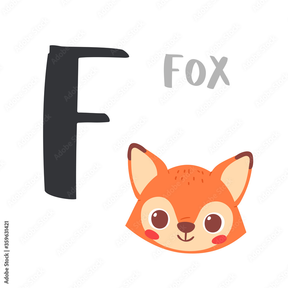 Cute children alphabet. Zoo ABC with animal face. Cartoon fox head with ...
