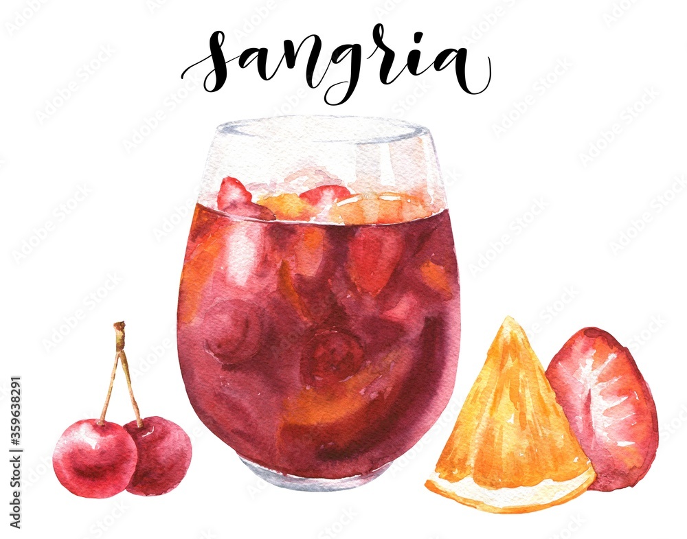Watercolor sangria Spanish cocktail isolated on white background. Hand ...